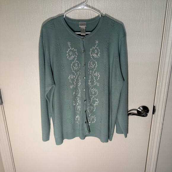 Koret | Sweaters | Koret Women Vintage Green Embroidered Pearl Cardigan ...